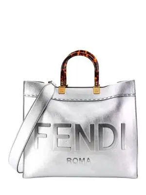 Fendi Sunshine Shopper Leather Medium Tote Bag - Silver