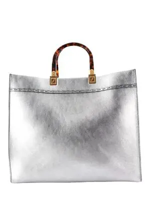 Fendi Sunshine Shopper Leather Medium Tote Bag - Silver