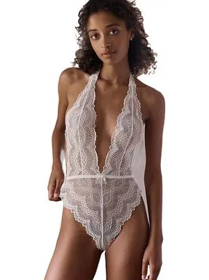 JOURNELLE Natalia Halter-Neck Lace Bodysuit Ivory