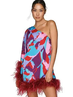 HUTCH Satin Stretch One-shoulder Mini Dress - Brown Pattern
