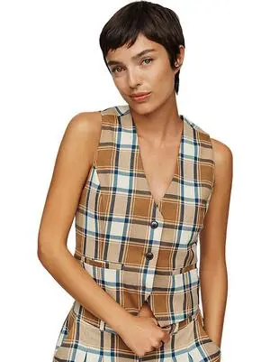 Maeve Tailored Vest Jacket - Brown Plaid