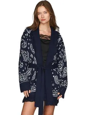 FLAT WHITE Flat White Fringe Wrap Cardigan Sweater Blue Pattern