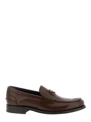 Prada Brushed Leather Logo Loafers - Brown