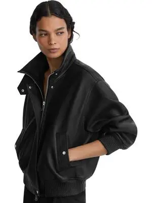 REISS Cara Petite Leather Funnel-neck Bomber Jacket - Black