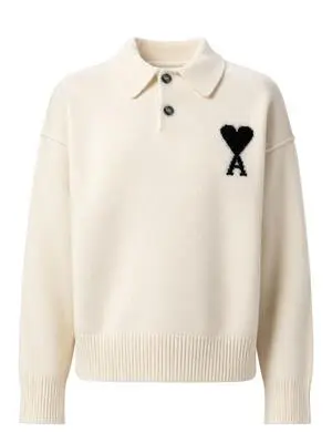 AMI Paris Polo In Maglia Con Logo Ivory
