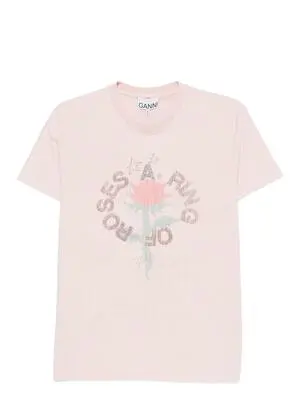 GANNI GANNI Washed Graphic T-Shirt With Logo And Roses Print Rosa