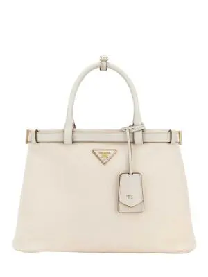 Prada Practical Canvas Shopping Handbag With Calf Leather Trim - White