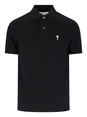 AMI Paris 100% Cotton Polo Shirt With Mother-of-pearl Buttons - Black