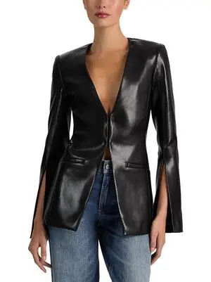 Alice + Olivia Venita Faux Leather Slim Fit Collarless Blazer - Black