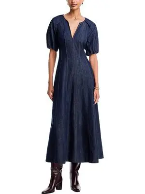 Tanya Taylor Cotton Split Neck Midi Dress - Midnight Rinse