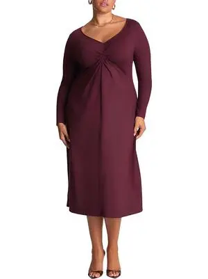 ESTELLE Ezra V Neck Long Sleeve Midi Dress - Fig