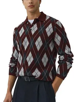 Simkhai Callum Argyle Cashmere Long Sleeve Polo - Fig Multi