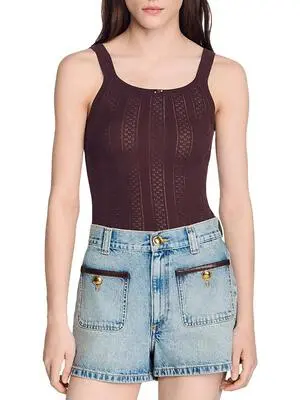 Sandro Aloe Cotton Blend Pointelle Tank - Brown