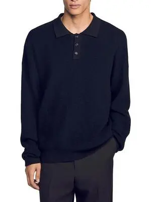 Sandro Ribbed Alpaca Blend Polo Shirt - Black