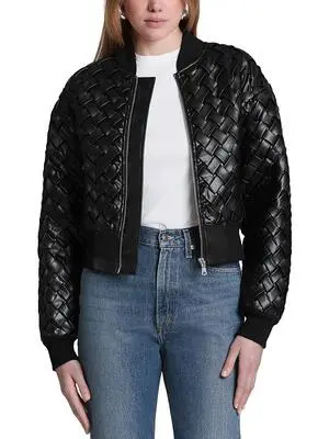 Avec Les Filles Faux Leather Woven Bomber Jacket - Black