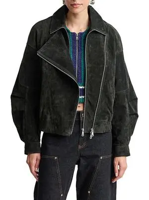 Avec Les Filles Suede Layered Bomber Jacket - Deep Forest