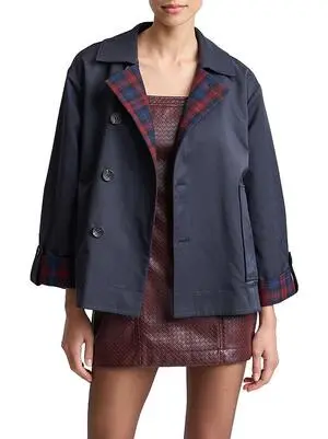 Avec Les Filles Reversible Scarf Barn Jacket - Navy/red Multi