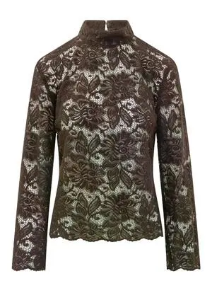 LE SULLY STUDIO Floral-Lace High-Neck Blouse Brown