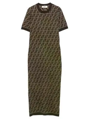 Fendi Cotton Knit Midi Dress With Ff Motif Jacquard - Brown