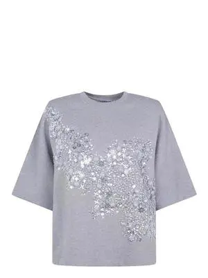 Essentiel Antwerp Kalani Sequin-Embellished Floral-Applique T-Shirt Grey