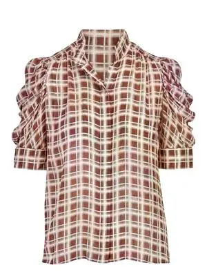 FRAME FRAME The Gillian Check-Pattern Ruched-Sleeve Blouse Brown