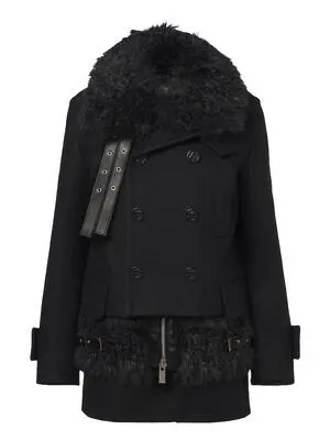 Sacai Sacai Layered Leather-Trimmed Wool Coat Black