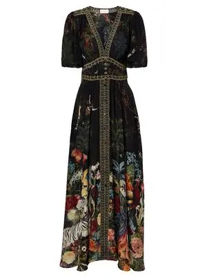 Camilla Embellished Printed Silk Satin Maxi Dress - Black
