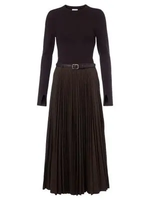 Simkhai Abilene Checked Ribbed-knit Pleated Midi Dress - Brown