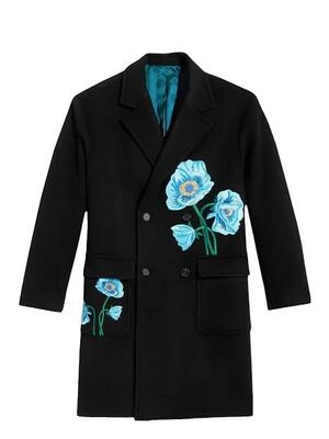 AWAKE Floral Embroidered Fleece Overcoat - Black