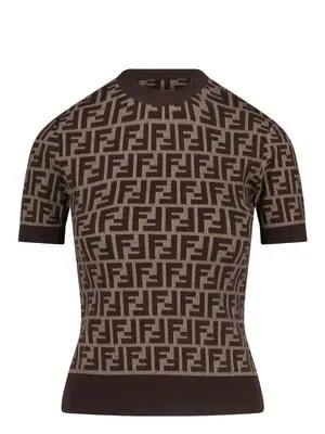 Fendi Stretch Cotton Short Sleeve Sweater - Brown