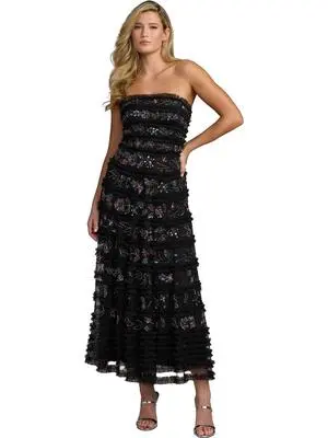 Mac Duggal Strapless Micro Ruffle Midi Dress - Black Multi