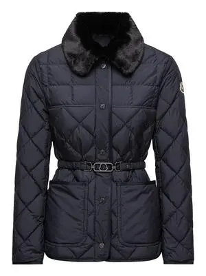 Moncler Cygne Short Down Jacket With Faux Fur Trim - Navy Blue