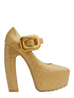 Bottega Veneta Croc Effect Logo Mary Jane Heels - Brown
