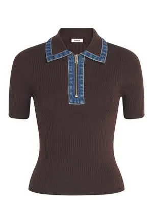 Sandro Knitted Denim-collar Polo Shirt - Brown