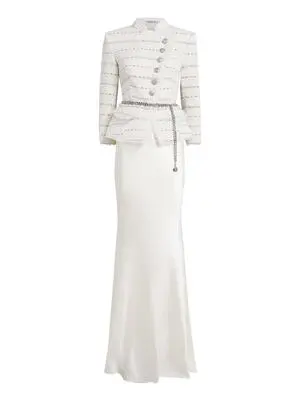SELF-PORTRAIT Bouclé Satin Maxi Dress - White