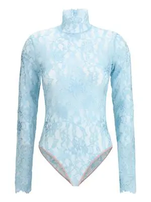 Valentino Garavani Valentino Lace Detailed Mock Neck Bodysuit Blue