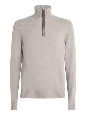 Purdey Cashmere Leather Trim Quarter-zip Sweater - Beige