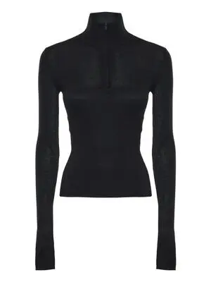THE FRANKIE SHOP Ribbed Zip Turtleneck Knitted Top - Black