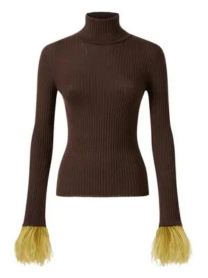 La DoubleJ Ribbed Silk Cashmere Feather Trim High Kick Top - Cocoa