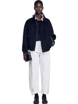 Sandro Wool Jacket With Topstitched Details - Black
