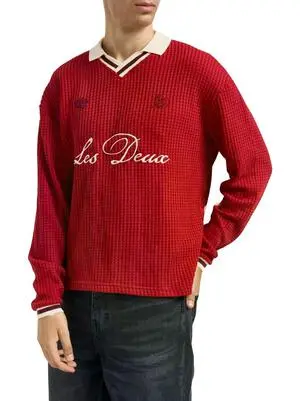 LES DEUX Logo-embroidered Waffle Knit Sweater - Red