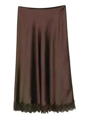 LUISA CERANO Lace-trim Satin Midi Skirt - Brown