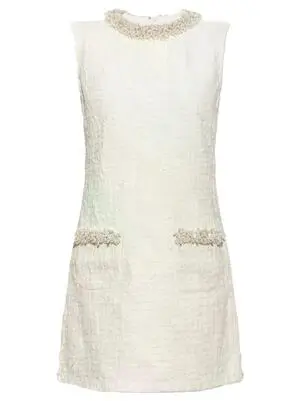 SELF-PORTRAIT Textured Denim Pearl-Trimmed Mini Dress Neutrals