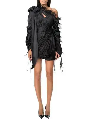 NORINA ST Jamila Feather-trim Ruched Mini Dress - Black