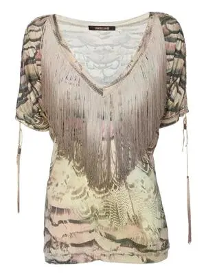 Roberto Cavalli Silk Feather Print V-neck Fringe Detailing Short Sleeves Top - Neutrals