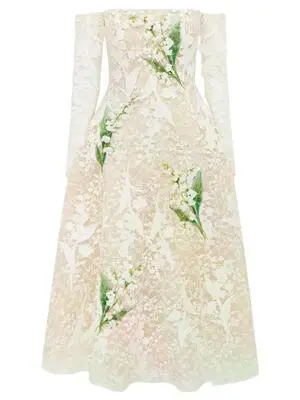 LEO LIN Floral Embroidered Lace Overlay Midi Dress - White
