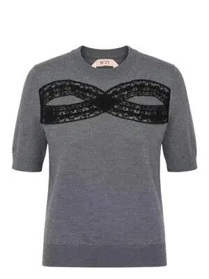 N°21 Lace-trim Crew-neck T-shirt - Grey