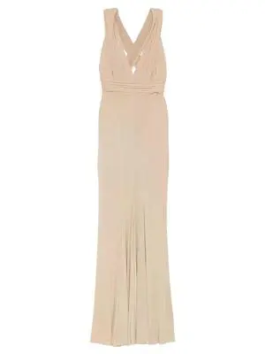 HERVE L. LEROUX Herve L. Leroux Plunge-Neck Ruched Gown Neutrals