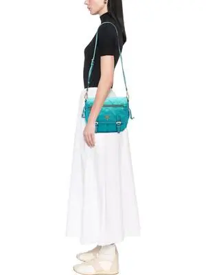 Prada Saffiano Trimmed Tessuto Zip Double Buckle Messenger Bag - Blue