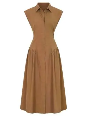 SOLOTRE Sleeveless Gathered Midi Dress - Brown